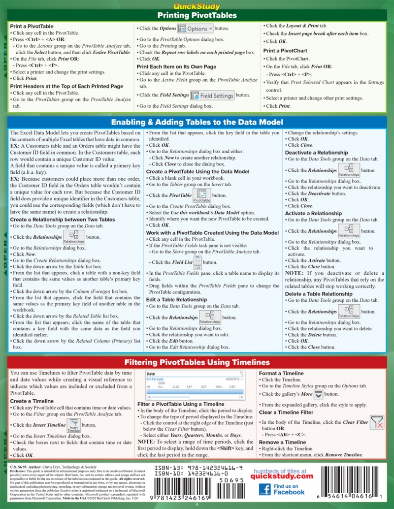 Quickstudy Excel 365 Pivot Tables Charts Laminated Reference Guide