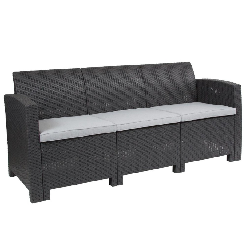 Dark Gray Faux Rattan Sofa Set with All-Weather Light Gray Cushions by ...