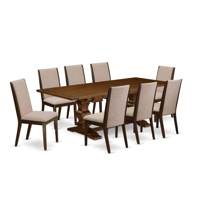 9-Pc Kitchen Table Set With Chair’S Legs And Light Tan Linen Fabric