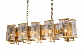 A Brass Rectangular Frame Chandelier With Clear Distorted Crystal Plaques