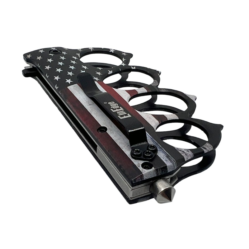 American Flag 5" Spring Assisted Knuckle Knife W/ Spikes & Window Breaker