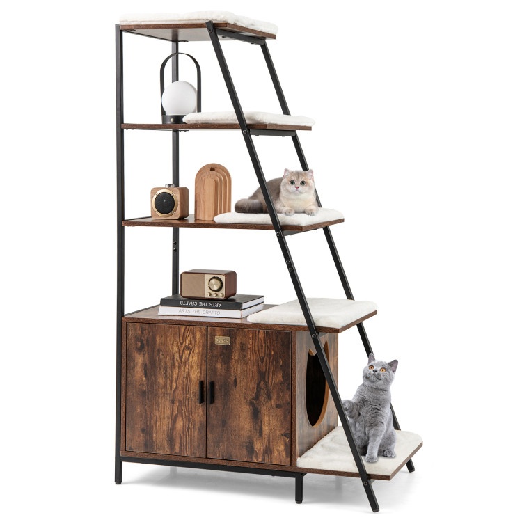 Large Cat Litter Box Enclosure With Storage And Ladder Shelf-Rustic Brown