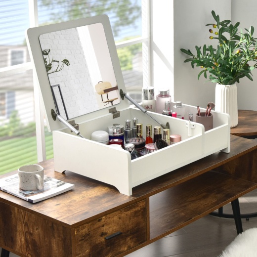 Compact Bay Window Makeup Dressing Table with Flip Top Mirror Space Saving Vanity Table with Storage