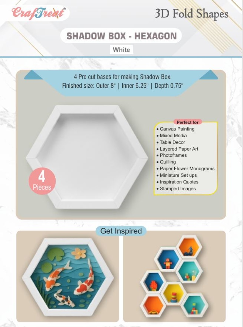 Craftreat 3D Fold Shapes - Shadow Box White - Hexagon 4Pcs