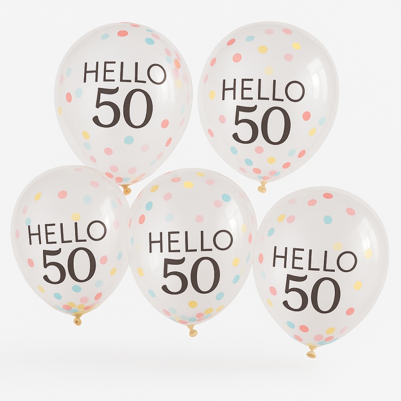 Vibrant Hello 50Th Birthday Latex Balloons, Pink Confetti, 12-Inch, 5-Pack