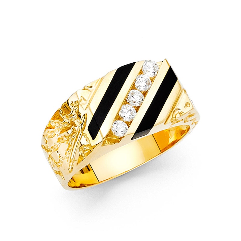 14K Solid Gold Round Cut Cz Black Onyx Men's Anniversary Ring