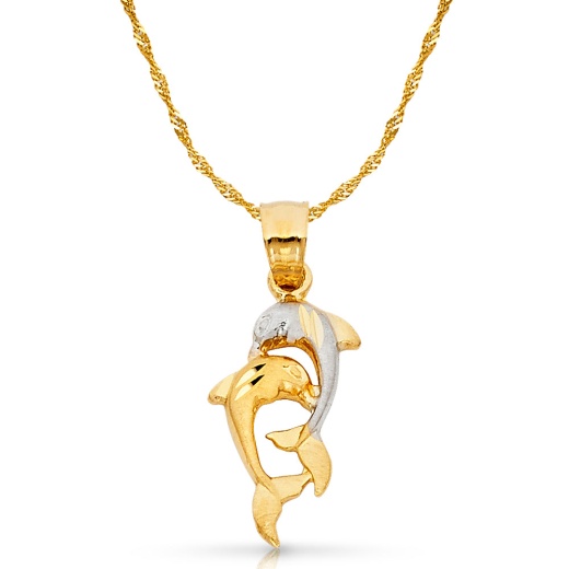 14K Gold Dolphin Charm Pendant With 1.8Mm Singapore Chain Necklace