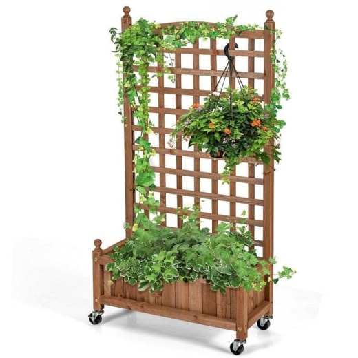 Outdoor Solid Wood Raised Garden Bed Mobile Planter Box With Trellis On ...