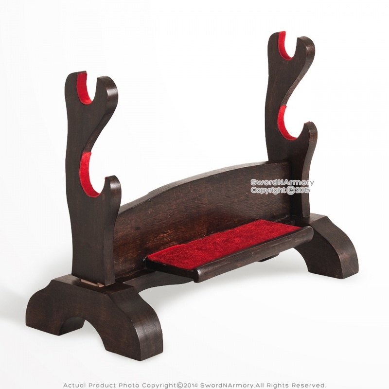 2 Tier Solid Wood Samurai Sword Display Stand W/ Dark Stain Finish ...