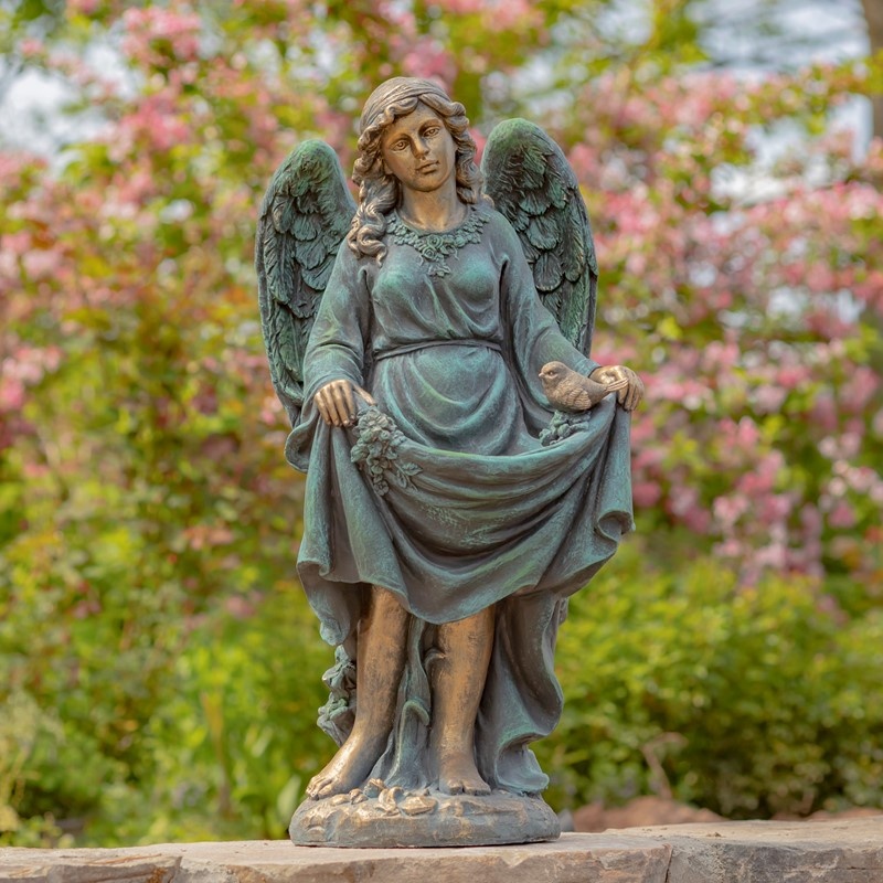 37" Tall Magnesium Angel Statue Holding Dress In Antique Bronze "Muriel"